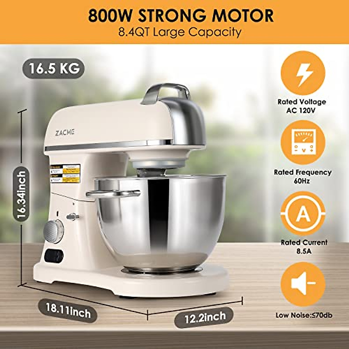 ZACME 8.4QT Commercial Stand Mixer 800W with Aluminum cast body and NSF Certified, Kitchen Electric Mixer Metal Food Mixer with Stainless Steel 8L Bowl, Dough Hook and Beater with Smart Timer Display