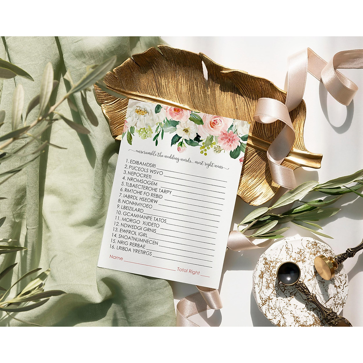 Graceful Floral Bridal Shower Word Scramble Game – 25 Pack, Couples Wedding Engagement Party Games, Rustic Reception Decor and Pink Ideas, Fun Rehearsal Unscramble Guest Activities