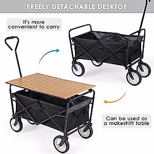 Arlopu Collapsible Wagon with Folding Table, Heavy Duty Portable Garden Cart w/Aluminum Alloy Table Combo, Outdoor Utility Camping Cart w/Metal Board Desktop for Shopping, Picnic, 150 LBS, Balck