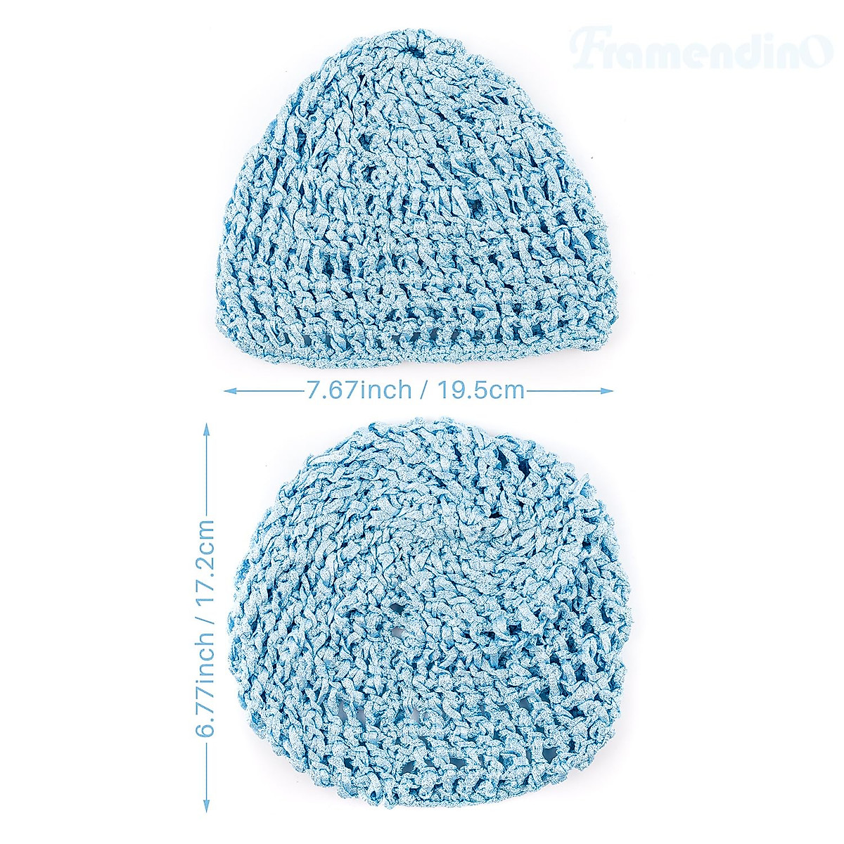 Framendino, 3 Pack Mesh Crochet Hair Net Rayon Knit Snoods Hat Thick Hairnet Snood Cover Ornament for Night Sleeping Hair Accessories (Blue & Black & Khaki)