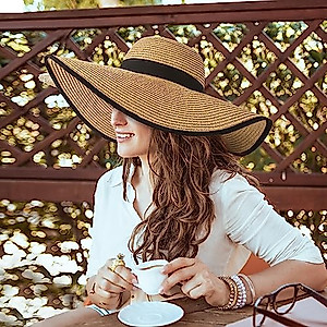 Womens Sun Hat UV Protection Wide Brim Beach Hat Floppy Foldable Roll-Up Straw Hats for Women UPF 50, E Khaki&Black