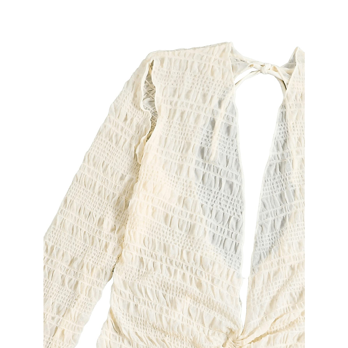 Verdusa Women's Drawstring Deep V Neck Long Sleeve Beach Swimsuit Cover Up Dress Beige XL