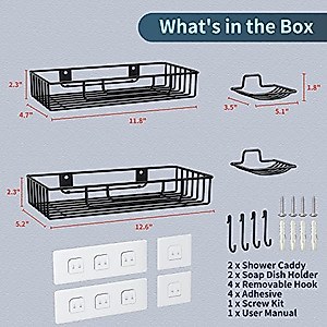 Shower Caddy Organizer Shelf 2 Pack with 2 Soap Holders, Adhesive Wall Mount Shower Basket Shelves with Hooks, No Drilling, Rustproof 304 Stainless Steel Storage Rack for Bathroom Kitchen, Black
