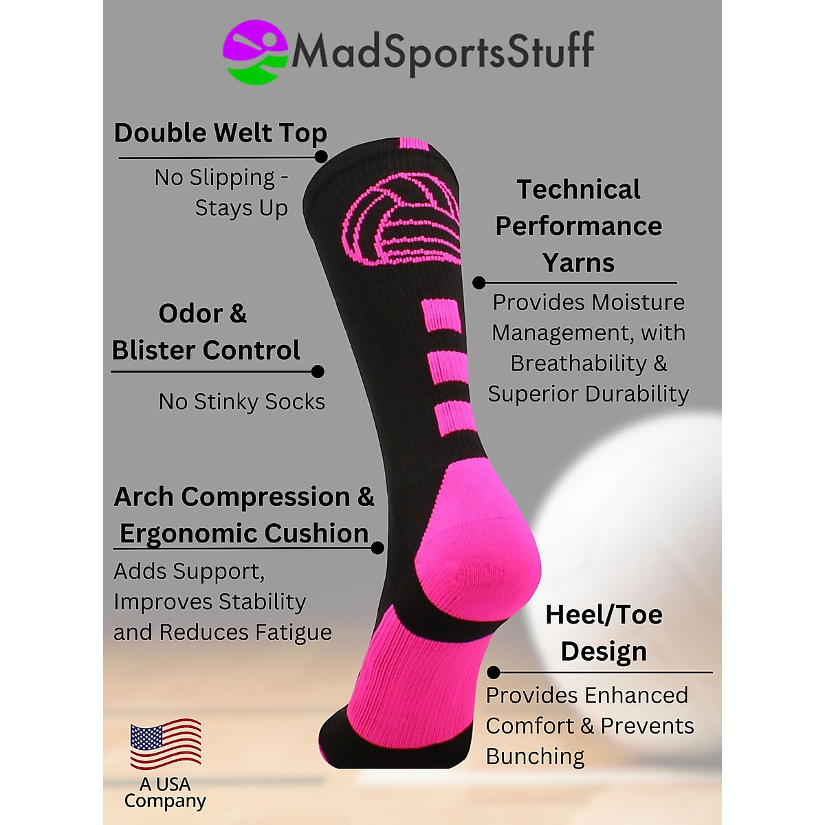 MadSportsStuff Volleyball Logo Crew Socks (Black/Neon Pink, Small)