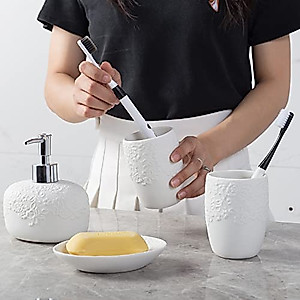 Bathroom Accessories Set with Embossed Design 4PCS, Ceramic White Bathroom Accessory Set, 1Pcs Bathroom Soap Dispenser 14oz, 2Pcs Tumbler Cup, 1Pcs Soap Dish, ANTIS'S HOME