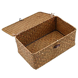 Natural Straw Rattan Multipurpose Container Rectangular Storage Baskets With Lid Hand Woven Storage Box with Button for Desktop Home Decoration (12 Inch)
