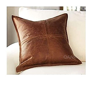 QAWACH Lambskin Leather Pillow Cover - Sofa Cushion Case - Decorative Throw Covers for Living Room & Bedroom, 16 x 16 Inches - Tan Antique Box Pack of 2