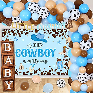 JOYMEMO Blue Brown Cowboy Baby Shower Decorations for Boy, Western Cowboy Balloon Garland Kit with A Little Cowboy is On The Way Backdrop, Wood Baby Shower Boxes, Wild West Baby Shower Supplies