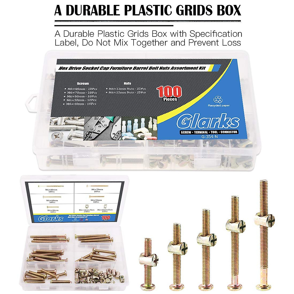 Glarks 100Pcs Zinc Plated M6 x 40/50/60/70/80mm Hex Socket Head Cap Screws Bolts Furniture Crib Bolts with Barrel Nuts Assortment Kit