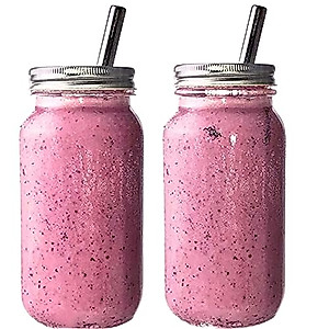 JARMING COLLECTIONS Reusable Freezer Safe Smoothie Cups with Lids and Straws - Mason Drinking Jar (2- 24oz)