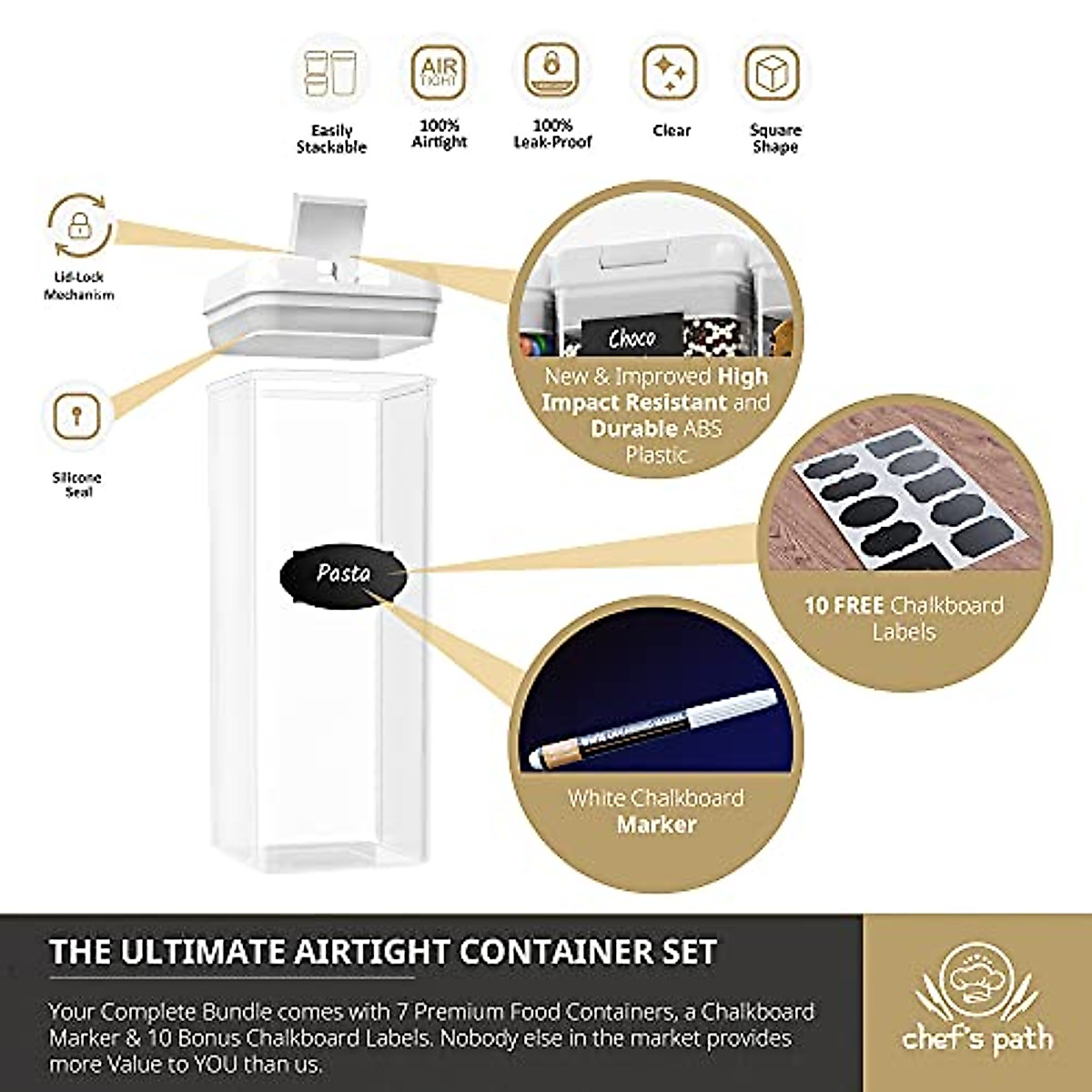 Chef's Path Airtight Food Containers with Easy Lock Lids - 7 PC BPA Free Plastic Containers for Kitchen Pantry Organization and Storage, Ideal for Cereal, Sugar & Dry Food - Accessories Included