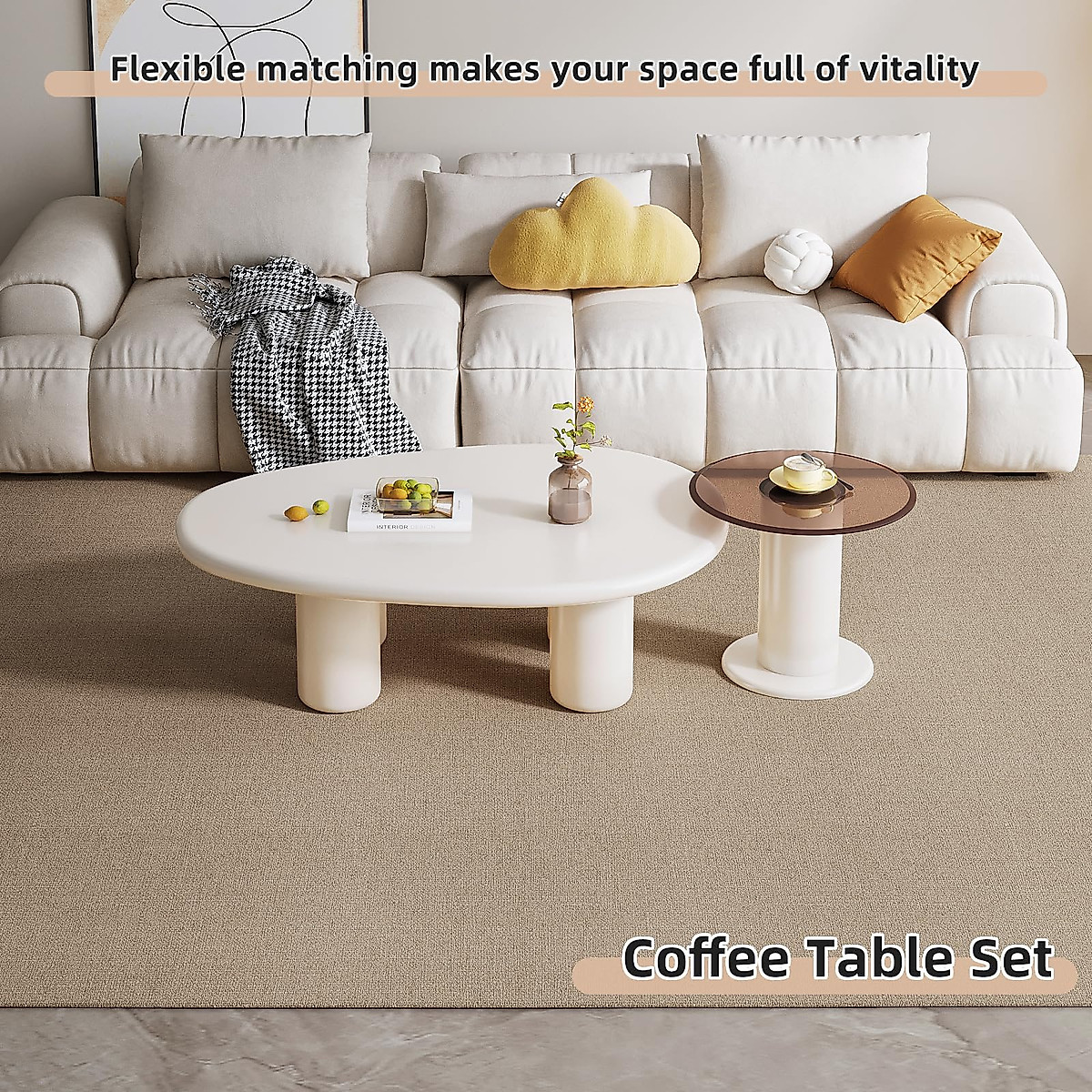 Guyii Nesting Coffee Table Set with 2 Stools, Combination Center Table with Irregular Coffee Table and Round Glass End Table, Modern Side Table for Living Room, Small Spaces, Easy to Assemble