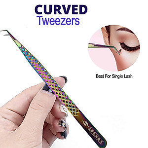 Eyelash Extension Tweezers Fiber Tip (Anti – Slip) Set of 2 pieces straight & curved with Diamond Grip, Rainbow Colour,14cm, volume Tweezers, Lash Extension Precision tweezers. (Multi)