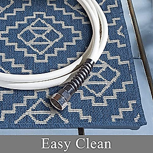 U'Artlines Indoor Outdoor Area Rugs Aztec Boho Chic Non-Shedding Large Floor Mat and Rug for Outdoors, RV, Patio, Backyard, Deck, Picnic, Beach, Trailer, Camping (4' x 6', Cream/Blue)