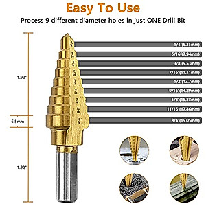 PRECIHW 9 Sizes Titanium Step Drill Bit, 1/4 to 3/4 Inches High Speed Steel Step Drill Bits for Hole Drilling, HSS Multi Size Step Drill Bits for Metal, Aluminium and Wood