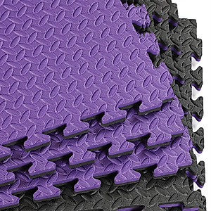Xspec 1" Extra Thick 48 sq ft Reversible EVA Gym Foam Floor Mat Tiles (24" x 24"), Steel Pattern, 12 pcs, Black/Purple