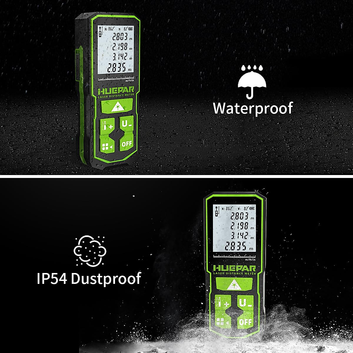 Huepar Laser Distance Measure Green Beam 328Ft, Digital Meter with Angle Sensor, LCD Backlit Display, Rechargeable Laser Measurement Tool M/in/Ft/Ft+in, Pythagorean/Area/Volume Measuring-S2-LM100
