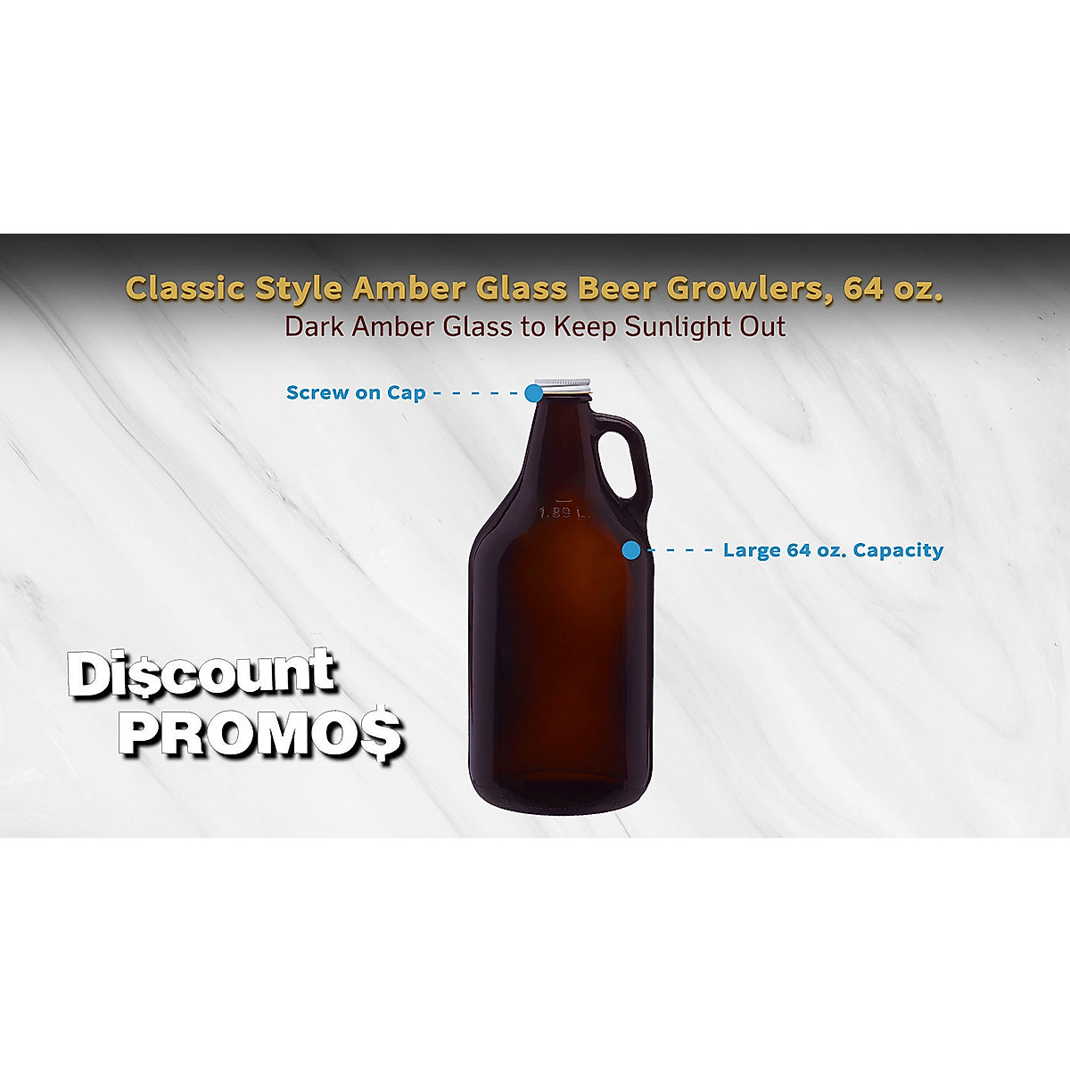 DISCOUNT PROMOS 6 Amber Glass Beer Growlers Set, 64 oz. - Screw on Lid, Sturdy, Barware - Amber