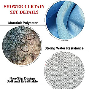 waeyeitery 4PCS Blue Brown Marble Bathroom Shower Curtain Sets with Rugs,Toilet Lid Pad Cover and Bath Mat with 12 Hooks, Abstract Marbled Art Bathroom Decor Set, Polyester, Waterproof, 72' Wx72 L