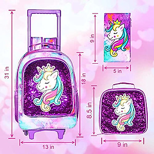 TXHVO 3PCS Rolling Backpack for Girls,Kids Unicorn Bookbag with Roller Wheels, Sequin Suitcase School Bag Set for Elementary Toddler