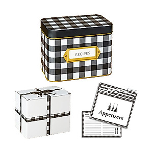 Indigo Essentials Plaid Tin Recipe Box with Cards and Dividers - Black and White Recipe Card Holder, Recipe Card Box and Recipe Cards 4x6, Metal Recipe Box, Decorative Tin Box