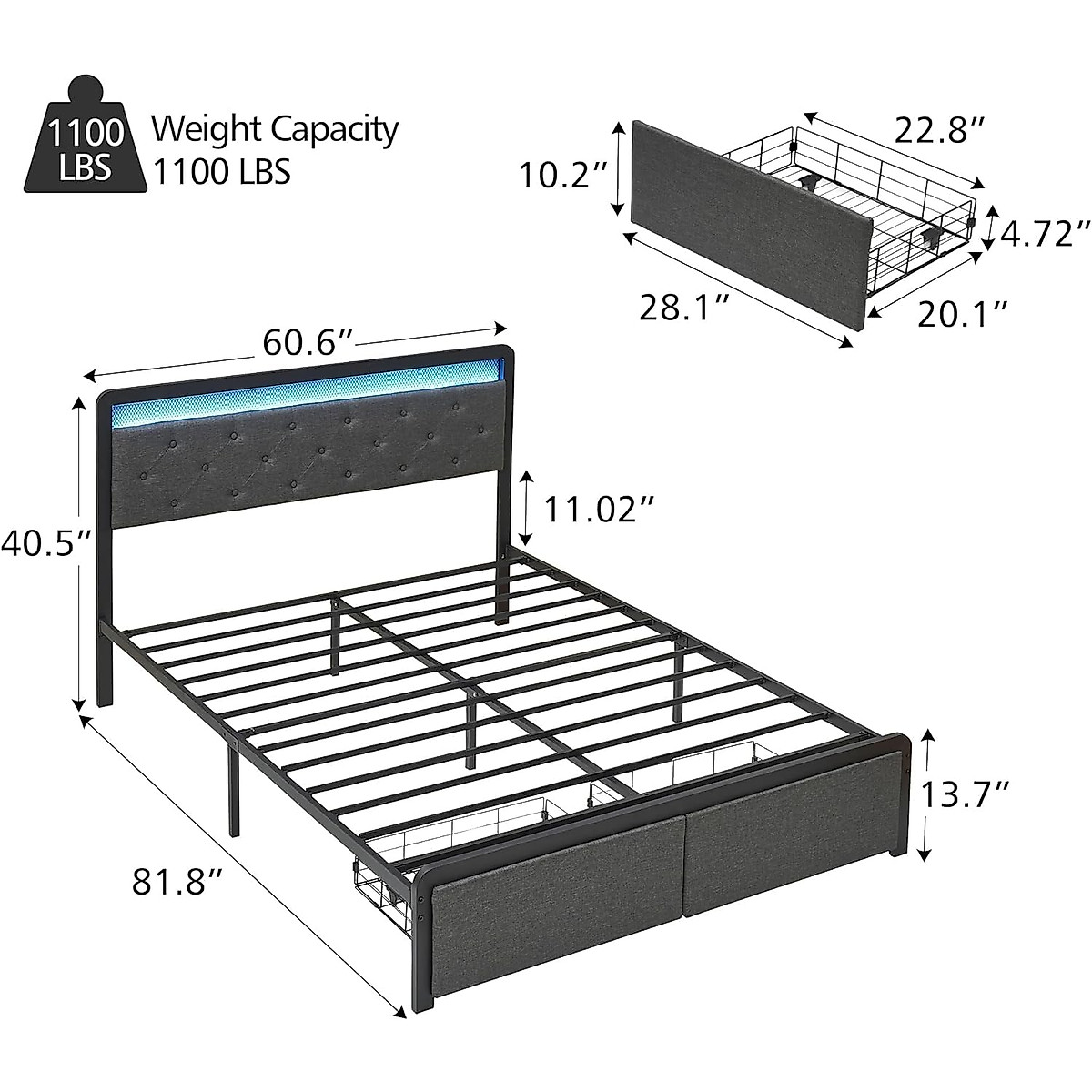 GAOMON Upholstered Bed Frame Queen with 2 Storage Drawers, Button Tufted Headboard and LED Lights, Queen Bed Frame with Mattress Foundation Strong Wooden Slats Support, No Box Spring Needed