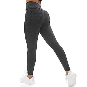 VOOVEEYA Jeggings for Women High Waist, Leggings with Pockets Tummy Control Plus Size Stretchy Jeans Leggings 7/8 (Charcoal-XL)