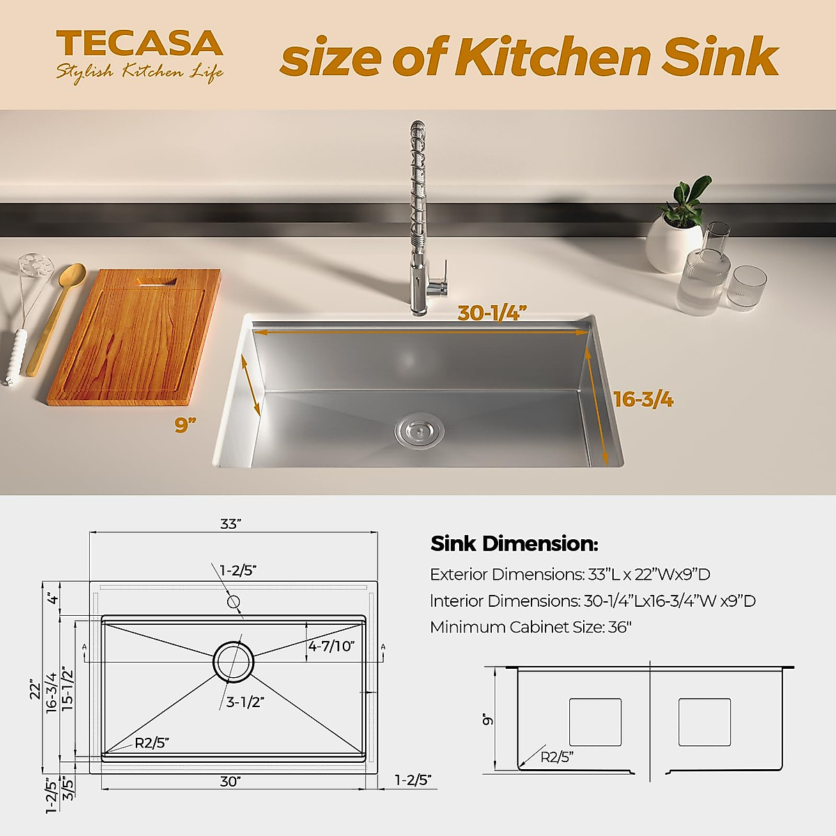 TECASA Workstation Kitchen Undermount Sink, 33 inch Drop-in Sink with Faucet Combo, Dual Mount All-in-One Single Bowl Stainless Steel Sink with Integrated Ledge and Accessories (Pack of 5)