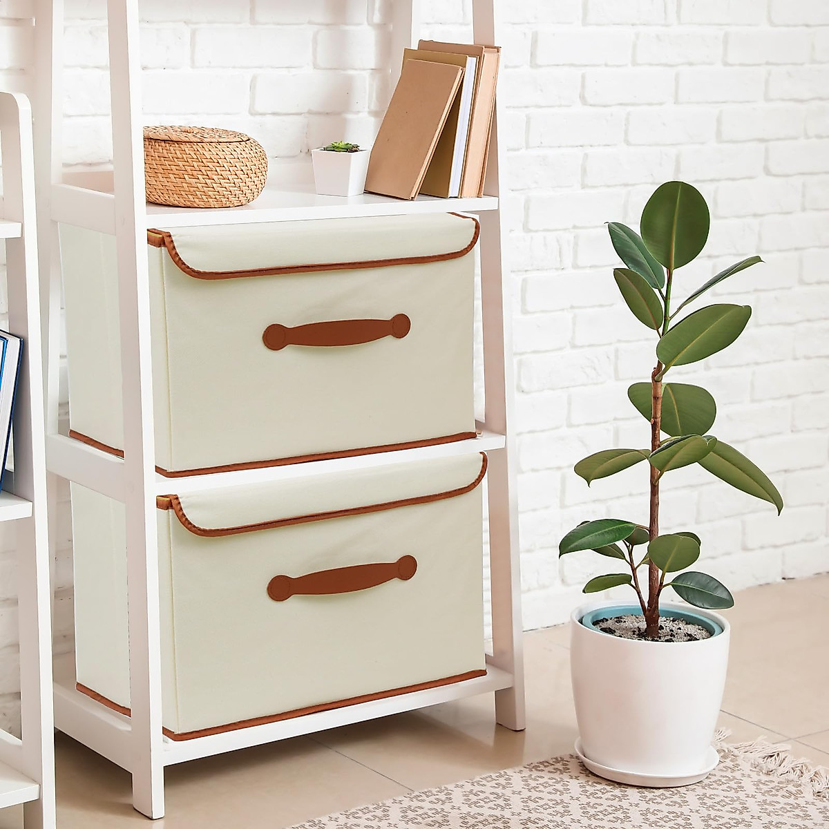 Large 25 Quart Lidded Storage Bins Cubes with Lid & Pu Leather Handle, 3 Pack Fabric Foldable Storage Bin Organizer Basket, Closet Organizer Containers Boxes for Clothes, Wardrobe