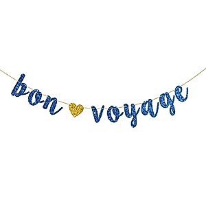 INNNORU Bon Voyage Banner, Moving Away, Going Away, Graduation, Retirement, Travel Theme Party Decorations, Navy Blue Glitter