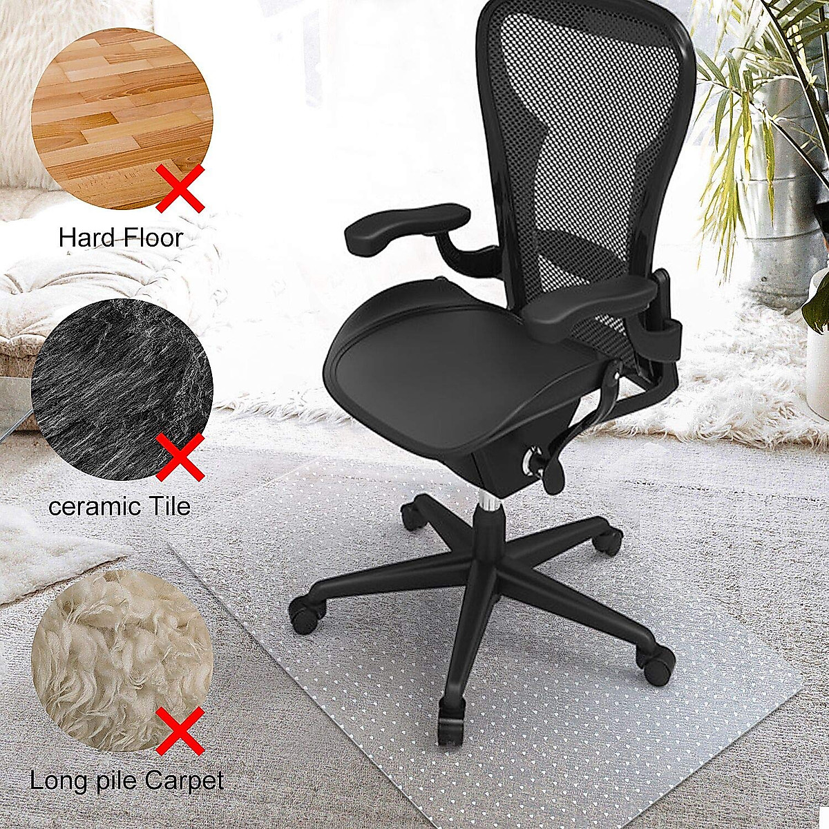 Kuyal Carpet Chair Mat, 48" x 36" PVC Home Office Desk Chair Mat for Floor Protection, Clear, Studded, BPA Free Matte Anti-Slip (36" X 48" Rectangle)