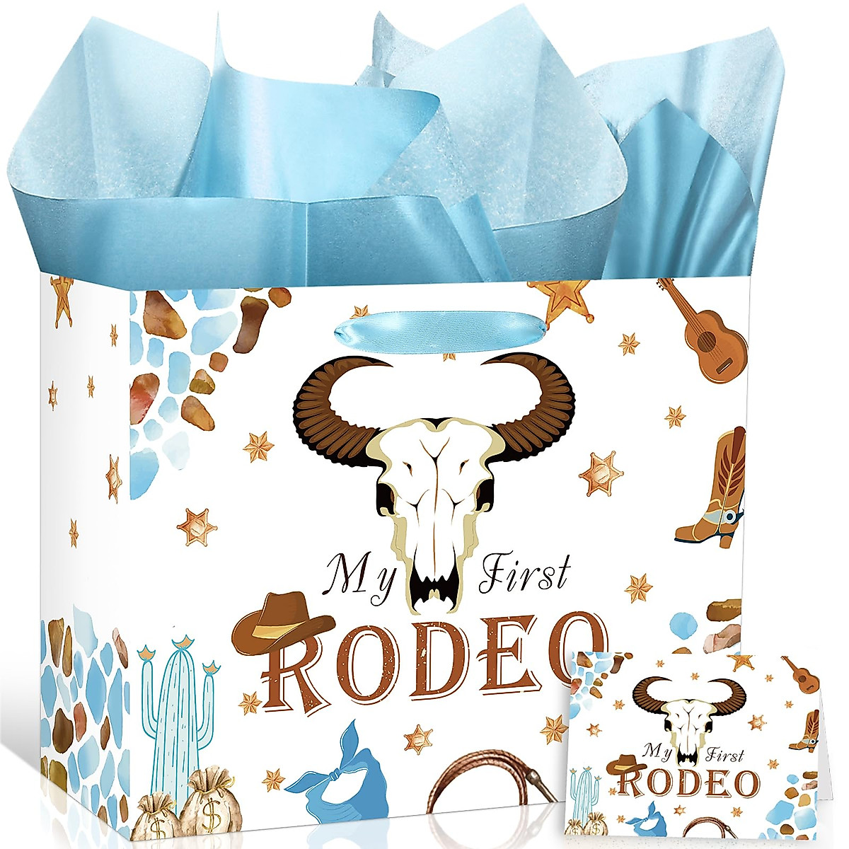 My First Rodeo Birthday Gift Bag Western Cowboy 1st Birthday Gift Bag with Tissue Paper Greeting Card My First Rodeo Birthday Decor Boy Wild West 1st Wrapping Paper Bags for Baby Boy Bday Party Supply