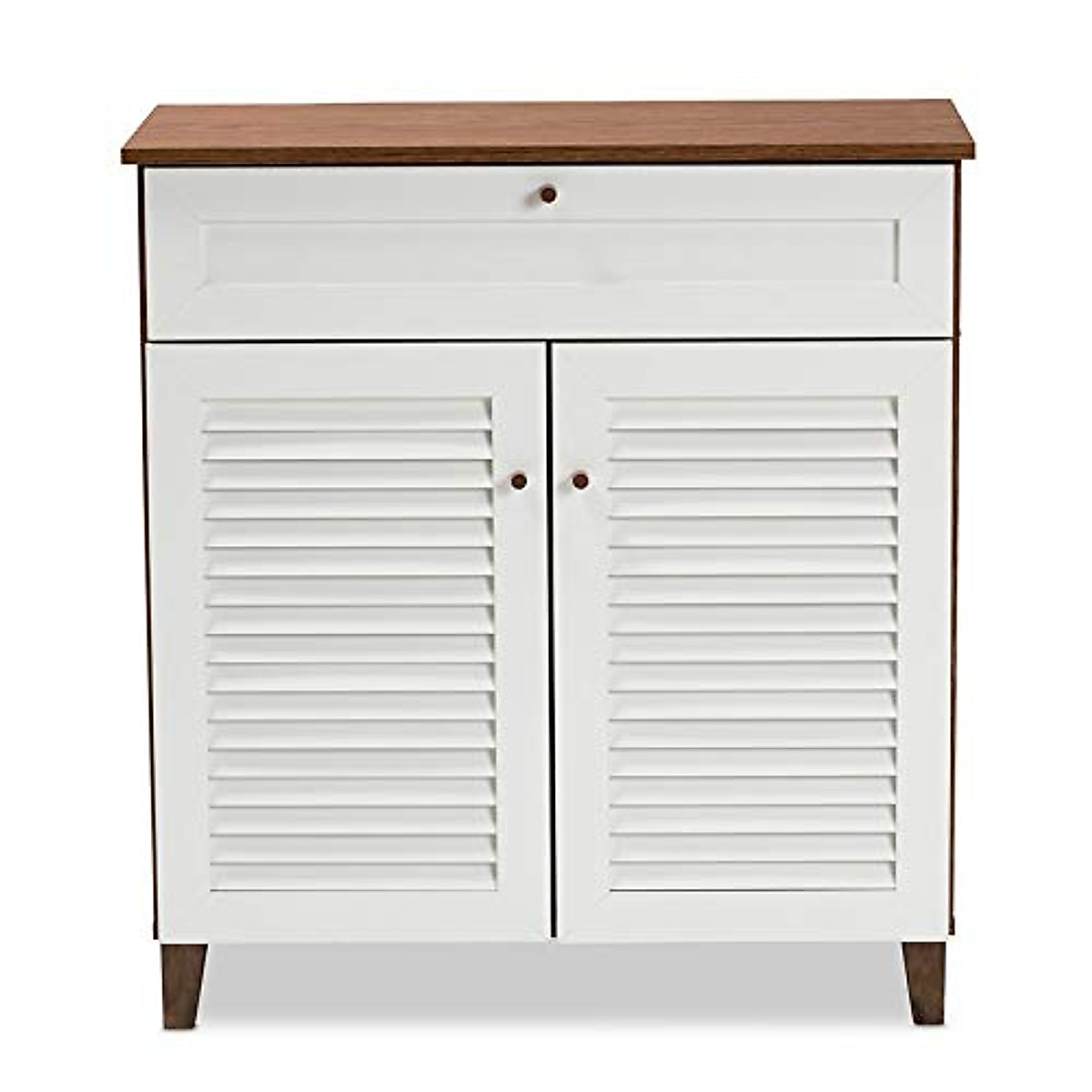 BOWERY HILL Modern and Contemporary White and Walnut Finished 4-Shelf Wood Shoe Storage Cabinet with Drawer