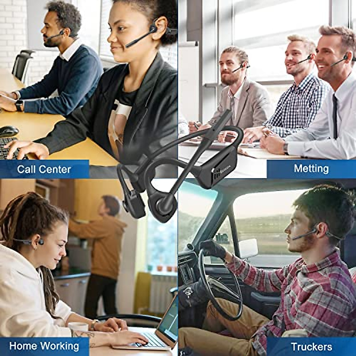 BANIGIPA Bluetooth Headset with Microphone, Open Ear Headphones Wireless Bluetooth Noise Cancelling for Laptop PC Computer Cell Phones, Air Conduction Headphones for Office Meeting Home Working-16 Hrs