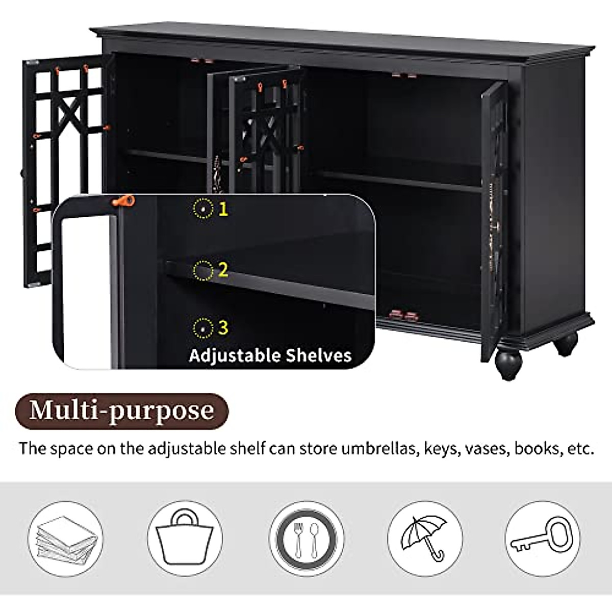 P PURLOVE 60" Long Wood Storage Cabinet with Adjustable Height Shelves,Sideboard Table Cabinet with Metal Handles and 4 Doors for Living Room, Bedroom, and Hallway,Black