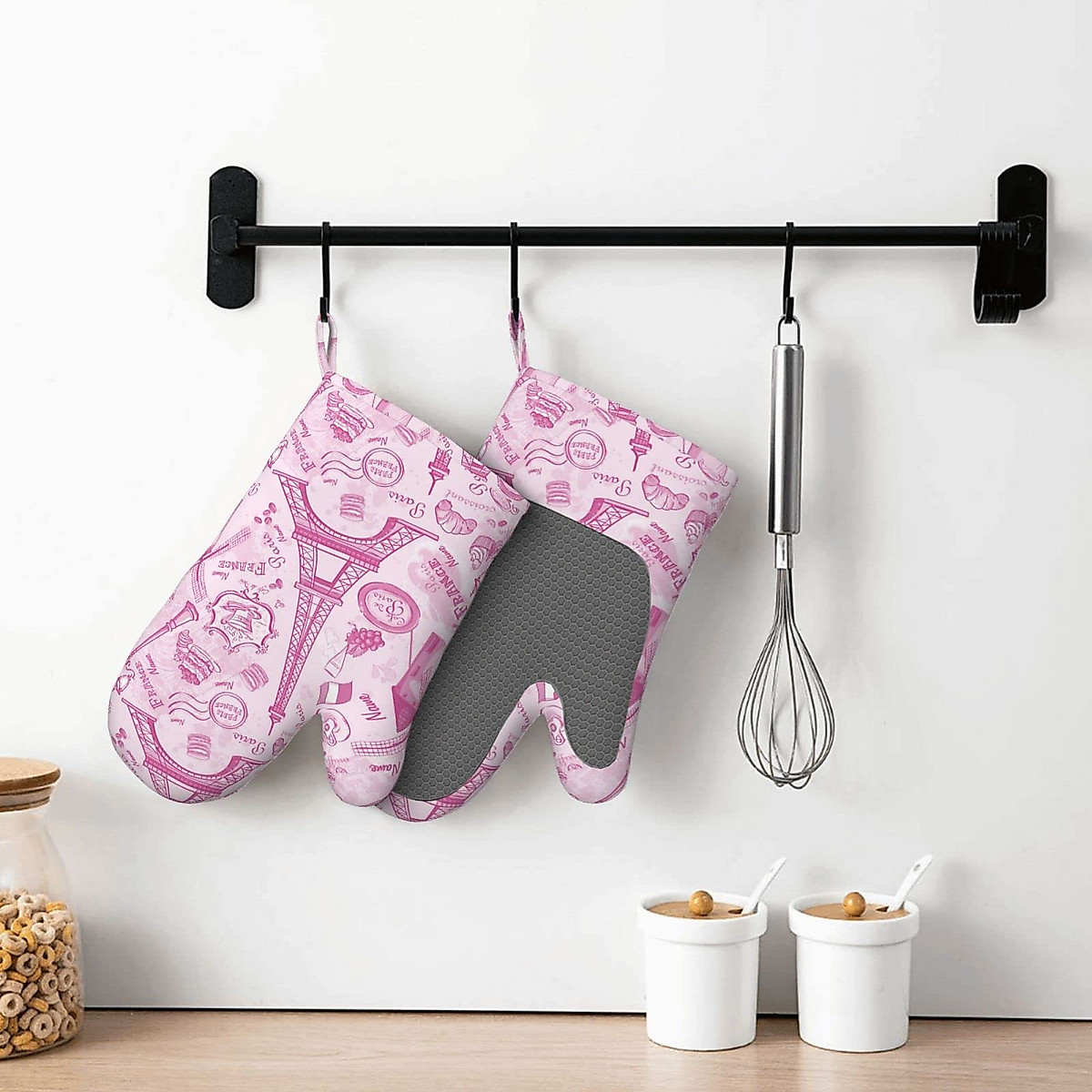 Custom Silicone Oven Mitts with Name France Paris Eiffel Heat Resistant Non-Slip Cotton Lining Oven Gloves Set of 2 Comfort Safety Durable Kitchen Pot Holder for BBQ Cooking Baking