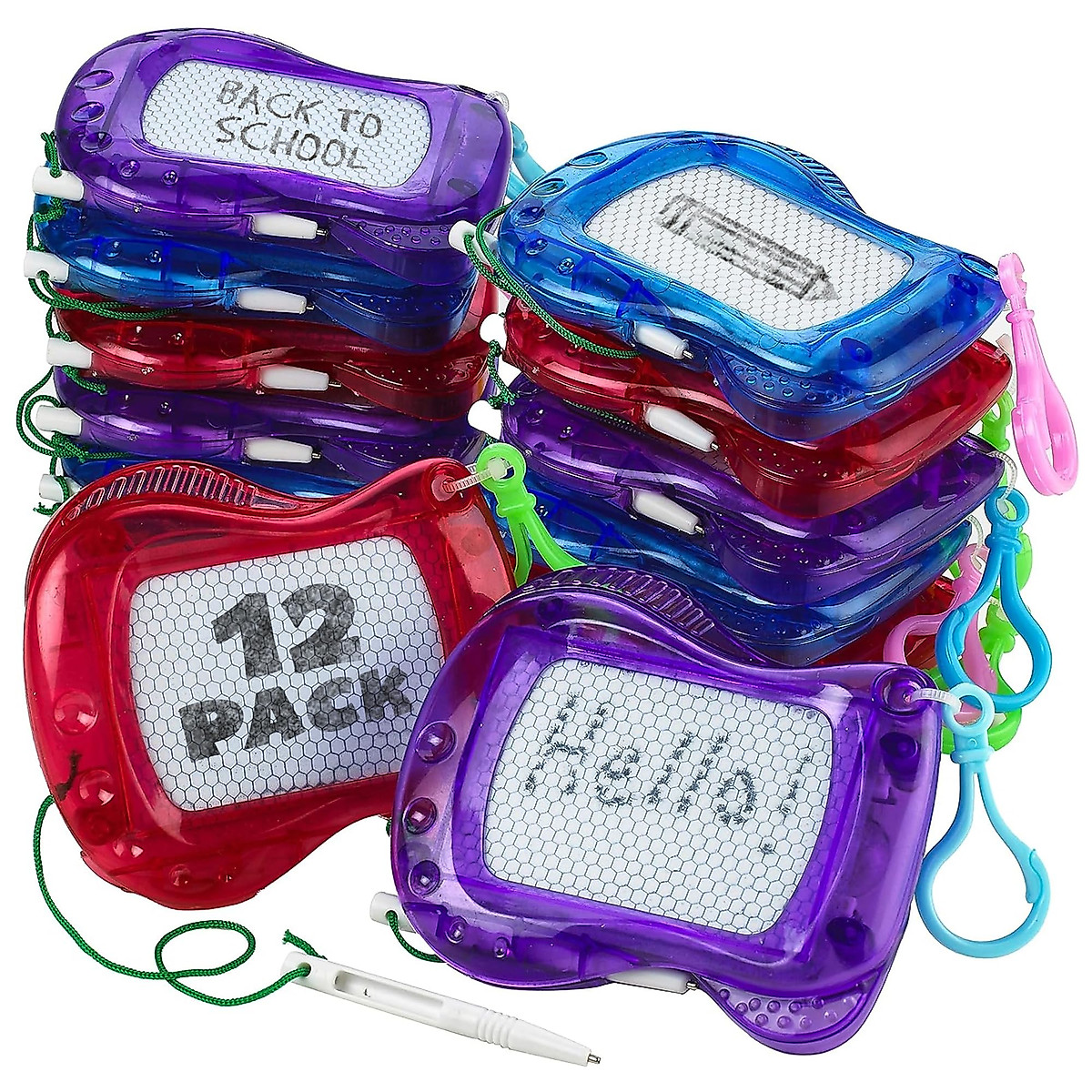 Mini Magnetic Drawing Board for Kids - (Pack of 12) Backpack Keychain Clip Drawing Boards, Erasable Doodle Sketch and Writing Pad for Boys and Girls, Birthday Party Favor and Goodie Bag Filler