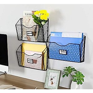 PAG 3 Pockets Hanging File Holder Wall Mount Mail Organizer Metal Chicken Wire Magazine Rack with Tag Slot, Black