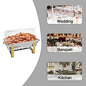 Restlrious Chafing Dish Buffet Set with Roll Top Plastic Cover 2 Pack, Stainless Steel 8 QT Rectangular Chafers and Buffet Warmers Complete Set w/Food Pan Water Pan, Fuel Holder in Gold Accent