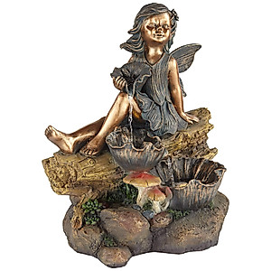Bronze Garden Fairy Fountain with Light LED Indoor Outdoor Water Feature 24" High Cascading Resin Sculpture for Garden Patio Yard Deck Home Lawn Porch House Relaxation Exterior - John Timberland