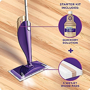 Swiffer Wetjet Wood Floor Spray Mop Starter Kit Power Mop 5 Mopping Pads Floor Cleaner Liquid Solution, Purple, 1 Count