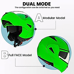 ILM Motorcycle Helmets Modular Dual Visor Flip-up Full Face Street Bike Racing Helmet DOT 5 Colors Model 808 (M, Green)