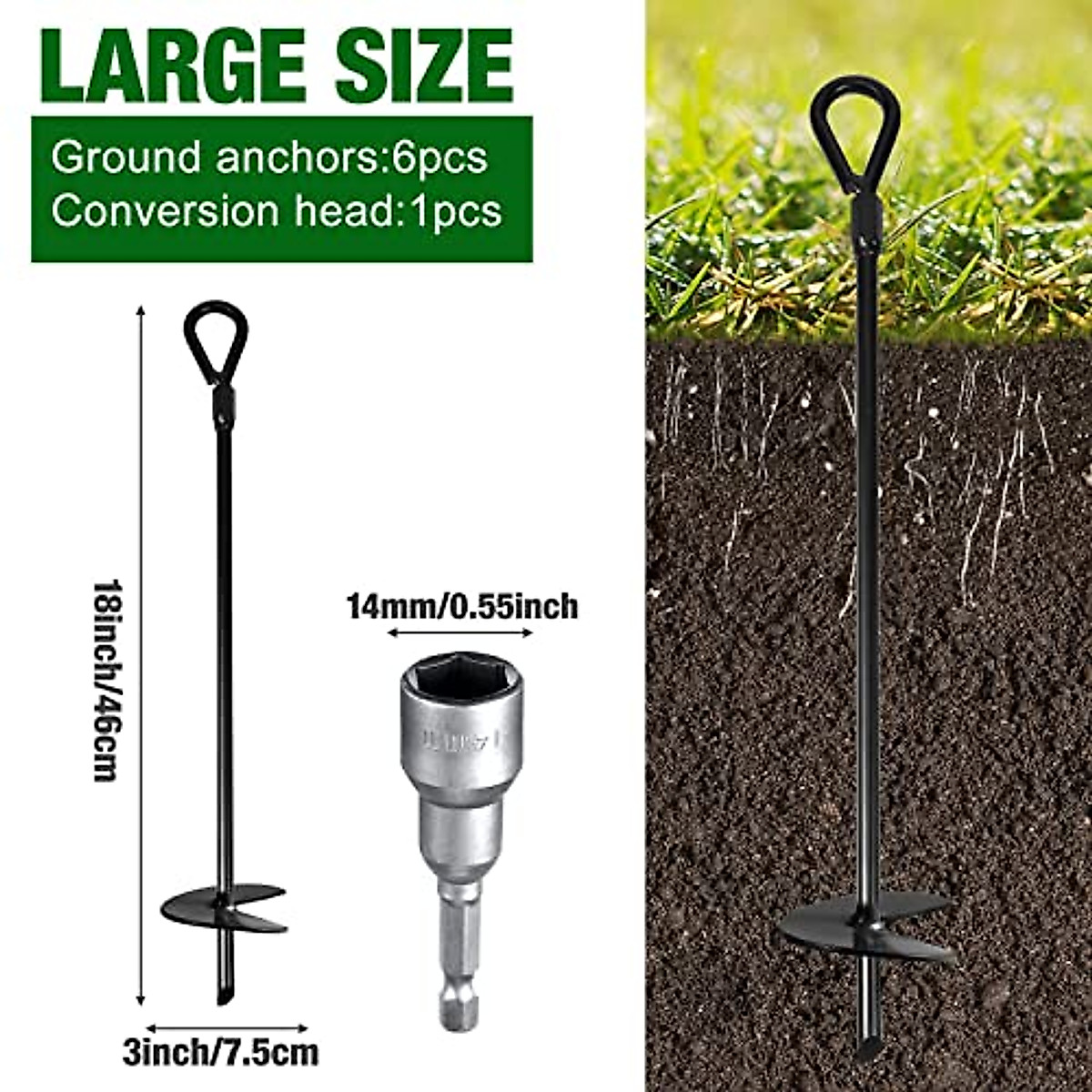 Tondiamo 18 Inch Long Ground Anchor Kit, 3 Inch Wide Helix, Heavy Duty Earth Augers Solid Steel Shaft with Drill Bit for Tents, Swing Sets, Securing Animals, Canopies, Trampoline, Sheds (Black, 6 Pcs)