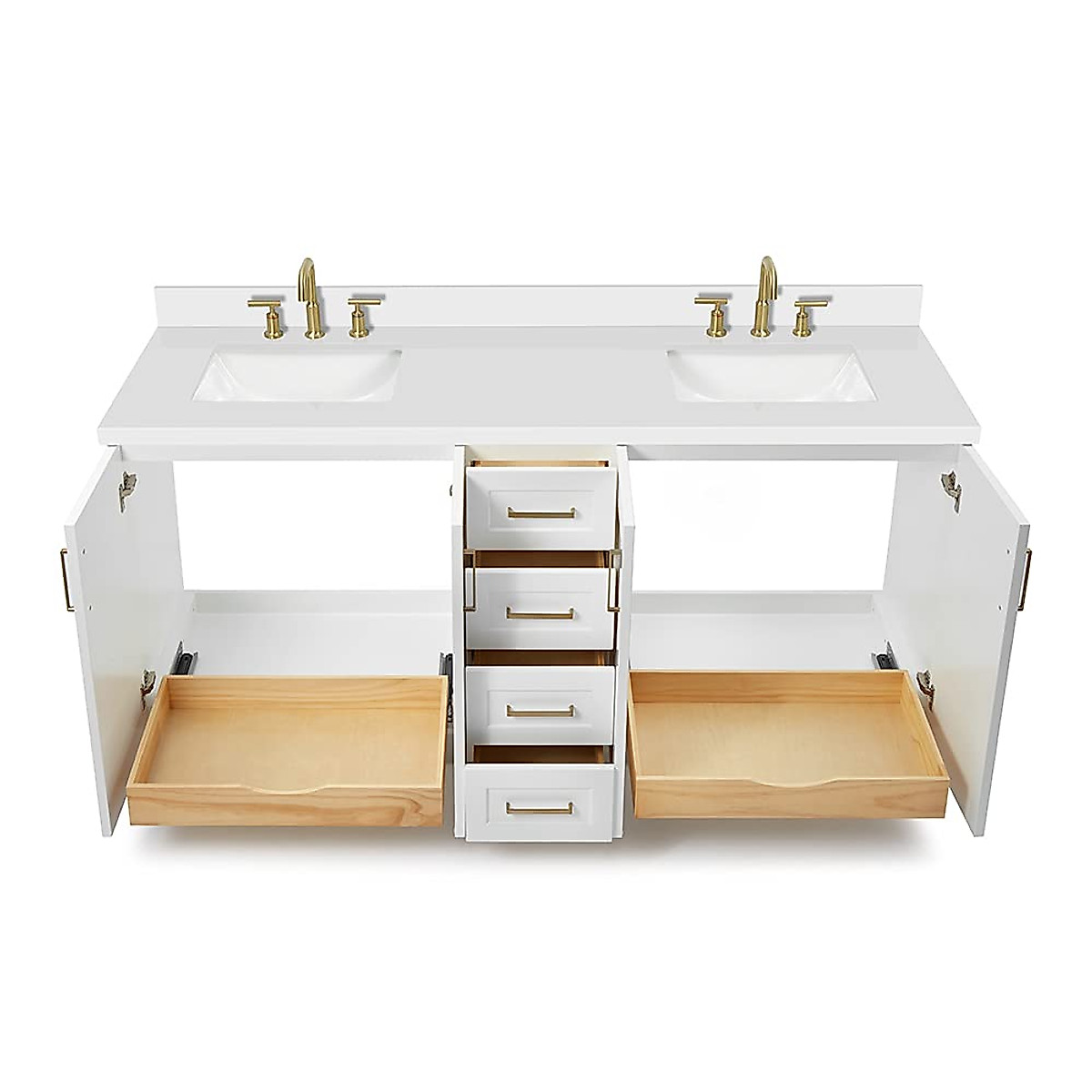 ARIEL 73" White Double Vanity, 1.5" Edge Pure White Quartz Countertop & Splash, Rectangular Sink, 4 Soft Closing Doors, 6 Full Extension Dovetail Drawers, Toe Kick, Satin Brass