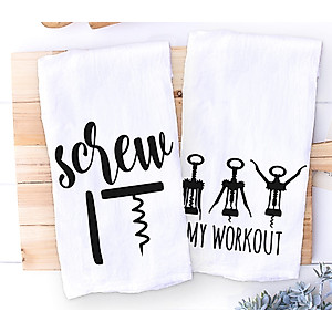Handmade Funny Kitchen Towel Set - 100% Cotton Funny Hand Bar Towels for Wine Lovers - 28x28 Inch Perfect for Hostess Housewarming Christmas Mother’s Day Birthday Gift (Screw & My Workout)