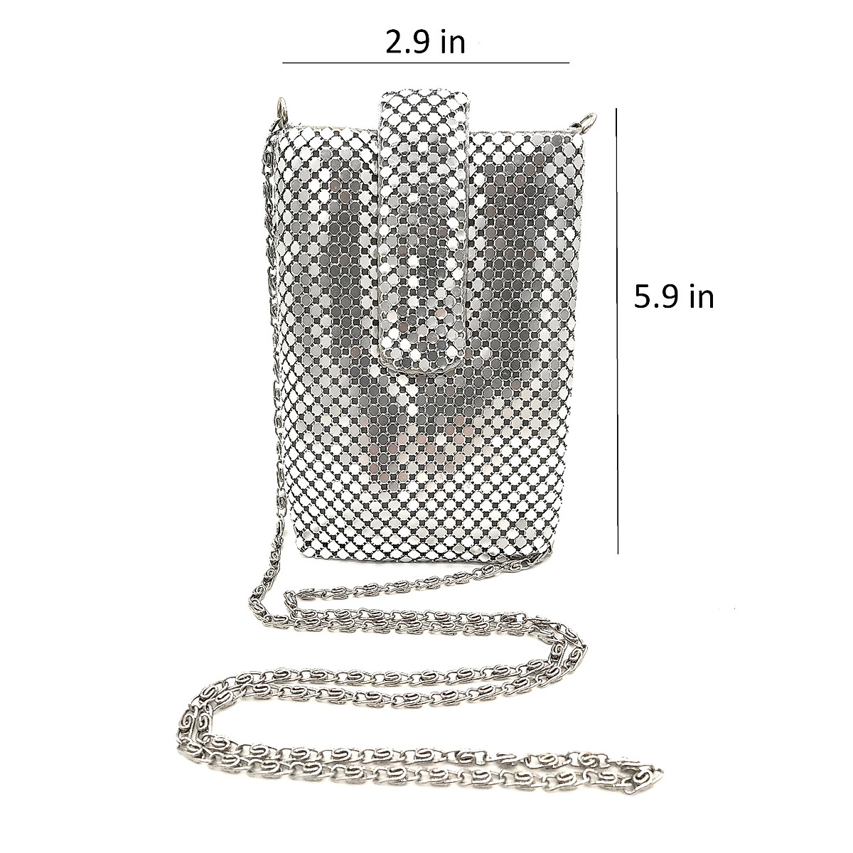 Women's Metal Mesh Small Cell Phone Pouch Bag Case Cross-Body Shoulder Strap (Silver)