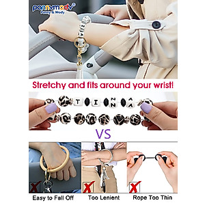 Panny&Mody Silicone Beaded Bracelet Keychain Wristlet,Personalized Keychain Wristlet Key Ring Holder with Zircon Leather Tassel(Pearl+White)