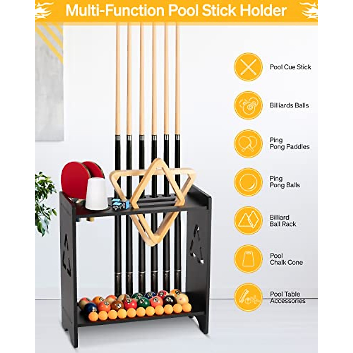 EXTCCT Pool Stick Holder Floor Stand- Billiards Pool Cue Rack Oak Solid Wooden Holds 9 Cues and Pool Table Accessories Organizer with Chalk Cone Holder for Game Room Club or Men Cave