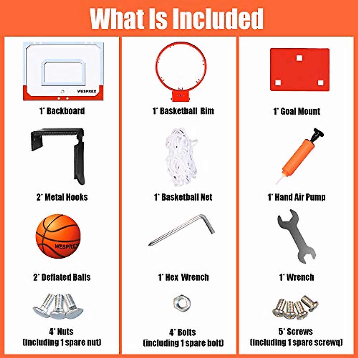 WESPREX Indoor Mini Basketball Hoop Set for Kids with 2 Balls, 16" x 12" Basketball Hoop for Door, Wall, Living Room, Office with Complete Accessories, Basketball Toy Gift for Boys and Girls - Red