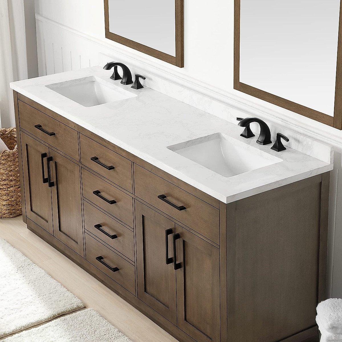 OVE Decors Maya Plus 72 in. Double Sink Bathroom Vanity in Almond Latte Finish, Black Hardware and Included Power Bar